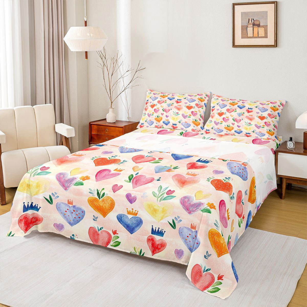 jejeloiu Graffiti Loves Pattern Queen Sheet Sets,Cute Hearts Crown Flat ...