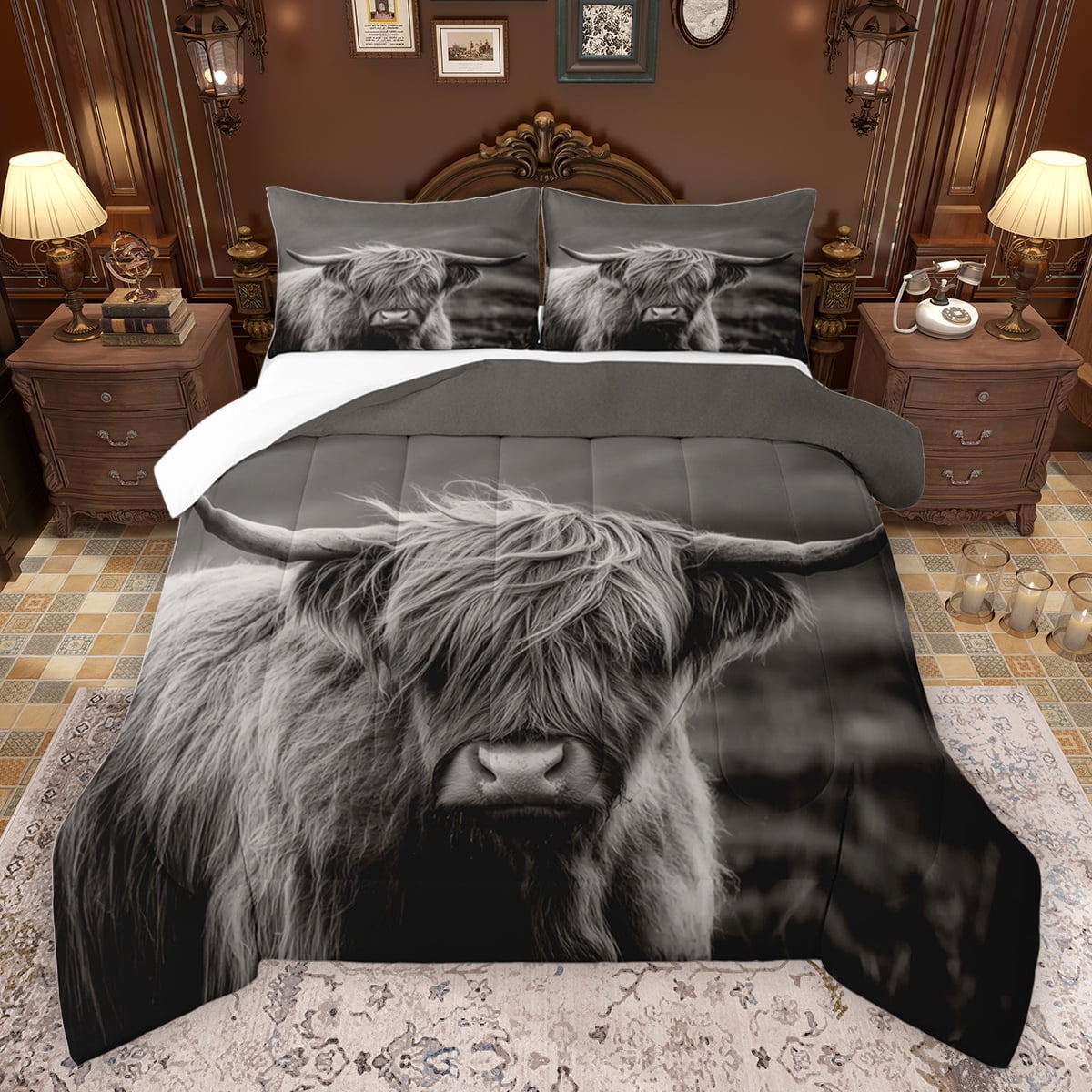 jejeloiu Gray Highland Cow Queen Comforter Set,Rustic Farm Animal ...