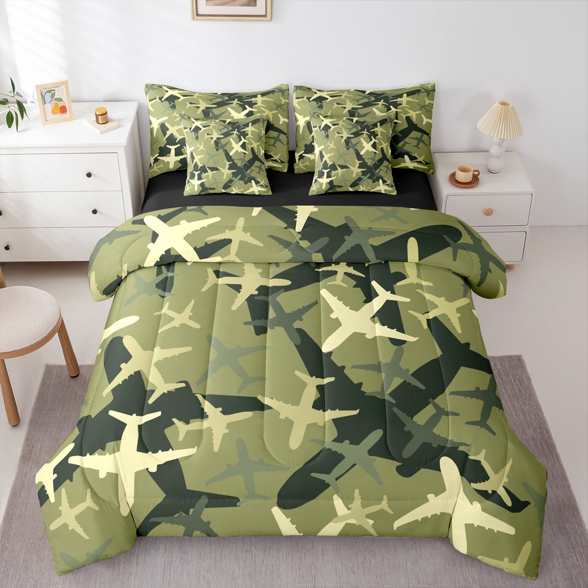 jejeloiu Green Aircraft Bedding Comforter Set 7-Piece,Airplane Flying ...