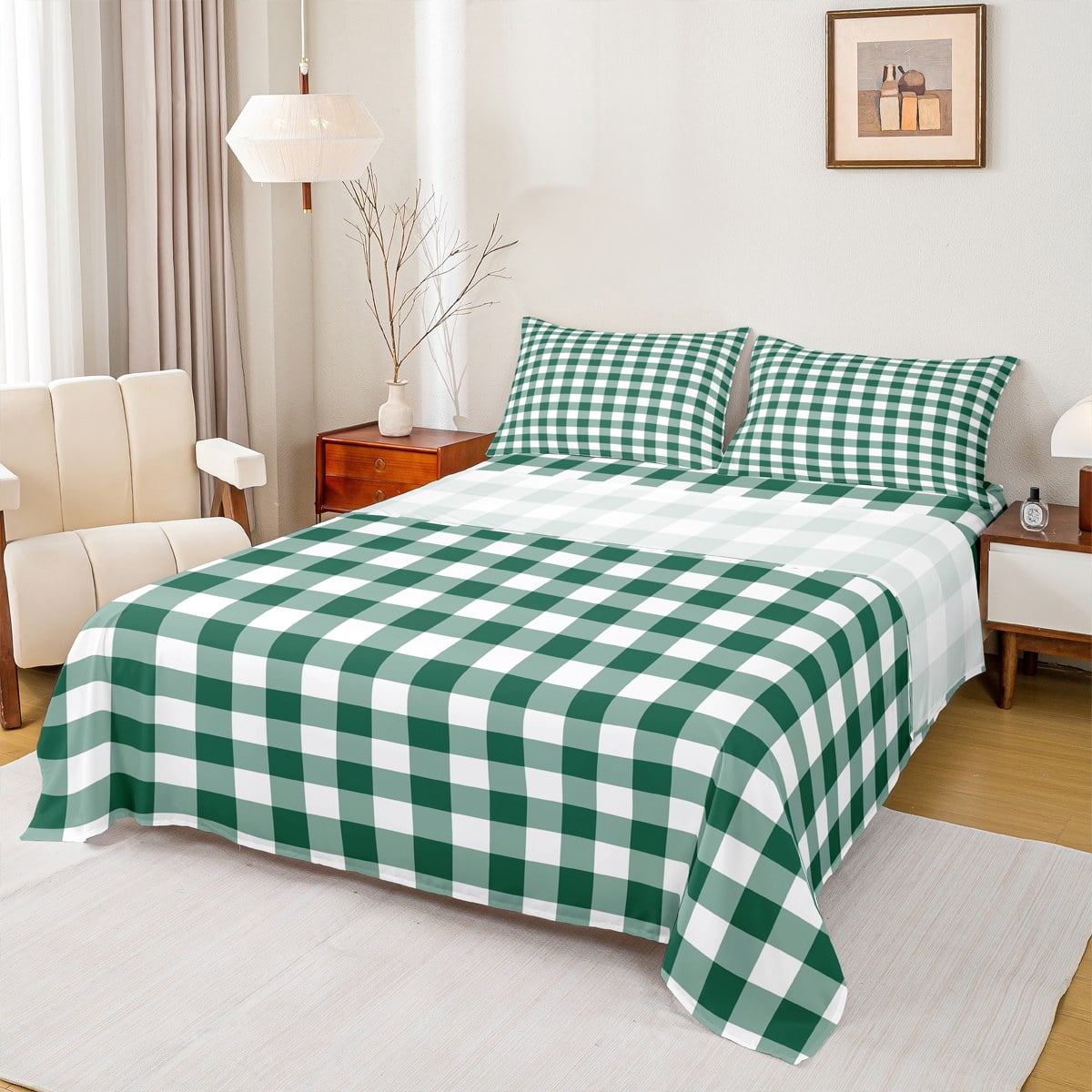 jejeloiu Green Checkered Full Size Sheets,Geometric Geometric Bed ...