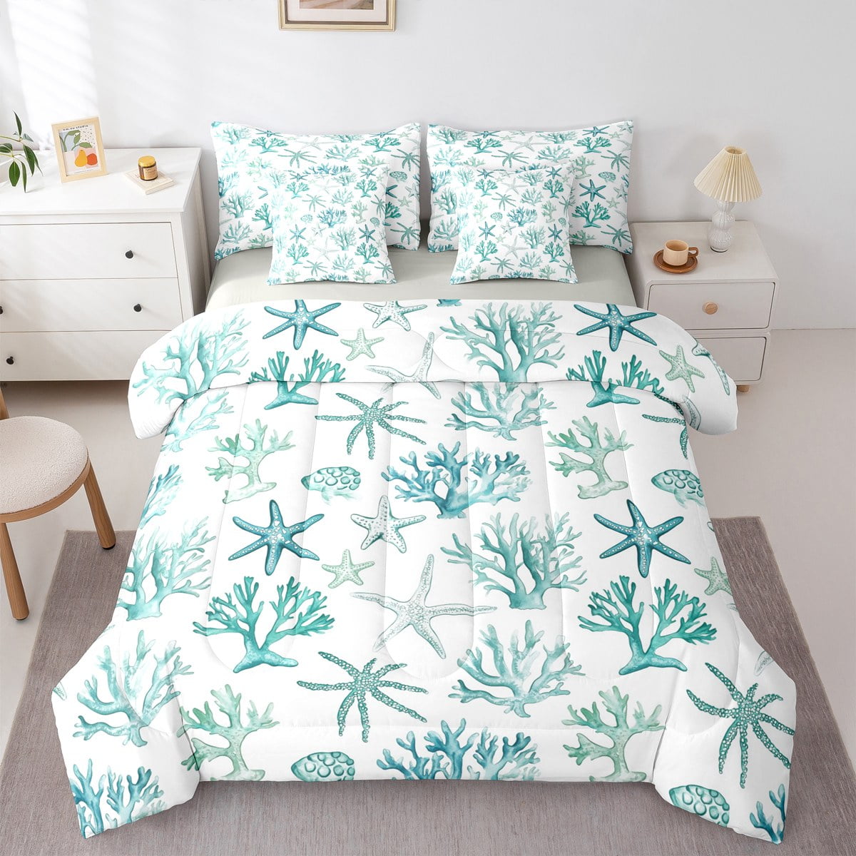 jejeloiu Green Coral Starfish Bedding Comforter Set 7-Piece,Ocean Sea ...