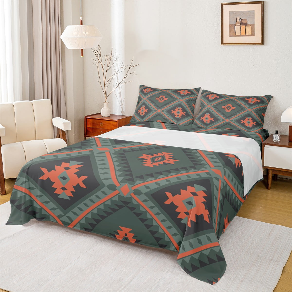 jejeloiu Green Orange Rhombus Bed Sheets,Boho Exotic Geometric King ...