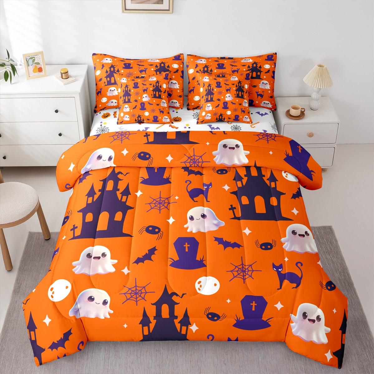 jejeloiu Halloween Ghost Bedding Comforter Set 7-Piece,Spooky Castle ...