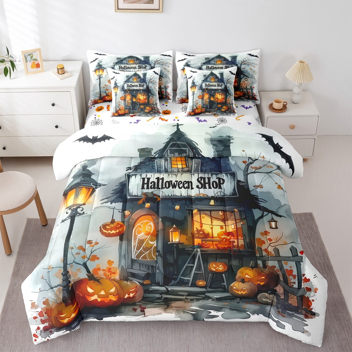 jejeloiu Halloween Shop Bedding Comforter Set 7pcs,Spooky Pumpkin ...