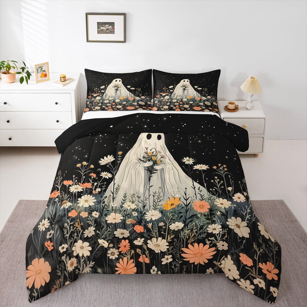 jejeloiu Halloween Spooky Ghost Bedding Comforter Set,Colorful Floral ...