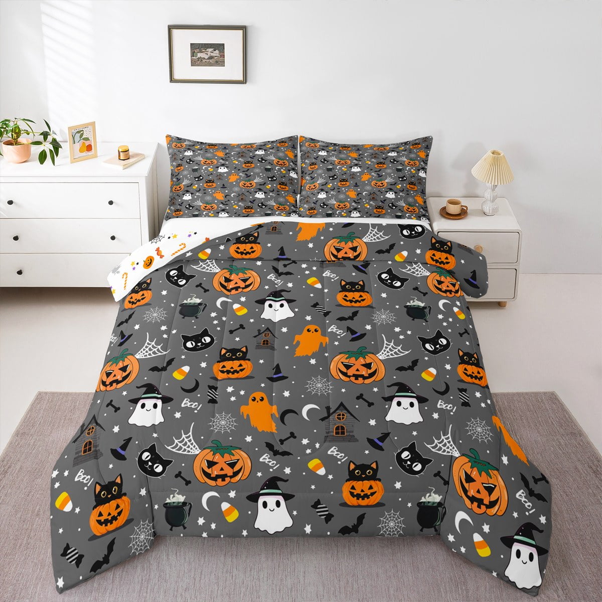 jejeloiu Halloween Spooky Pumpkin Bedding Comforter Set,Witch'S Hat ...