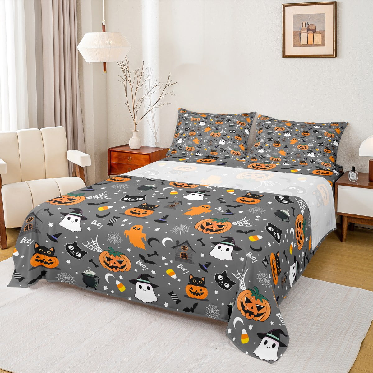jejeloiu Halloween Spooky Pumpkin Twin Sheet Sets,Witch'S Hat Ghost ...