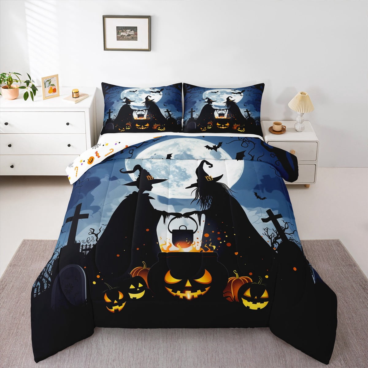 jejeloiu Halloween Witch Queen Comforter Set,Spooky Pumpkin Lantern ...