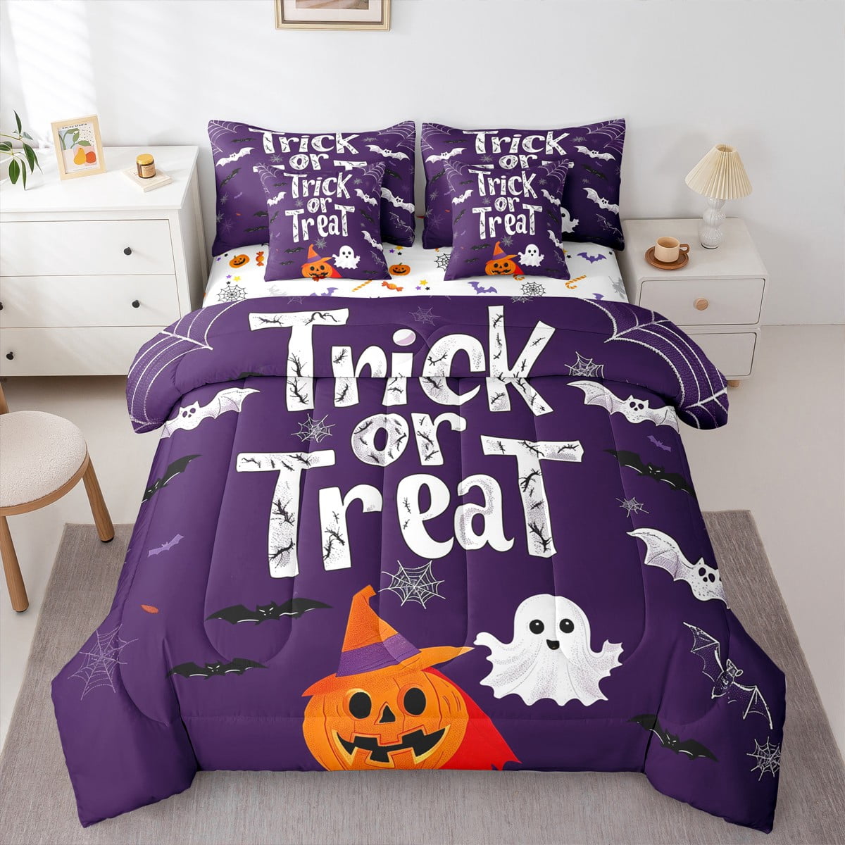 jejeloiu Happy Halloween Twin Bedding Sets 7-Piece,Trick Or Treat ...