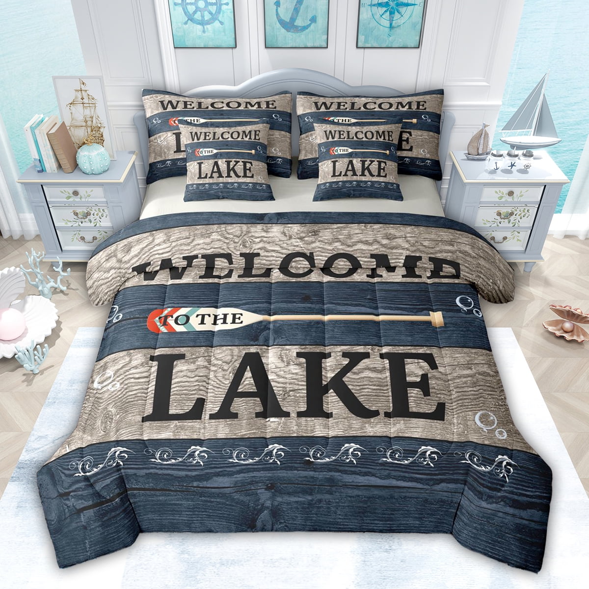 jejeloiu Happy Lake Life 7-Piece Twin Bedding Sets,Blue Gray Bedding ...