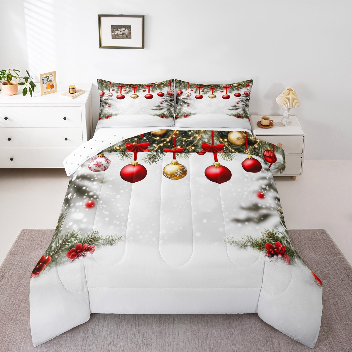 jejeloiu Happy New Year Queen Comforter Set,Christmas Balls Bedding ...