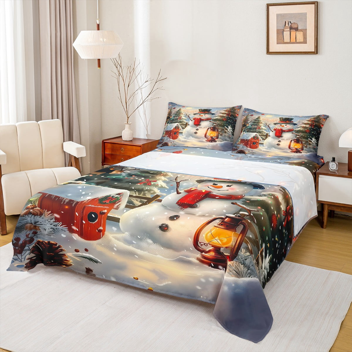jejeloiu Happy New Year Queen Sheet Sets,White Festival Snowmen Flat ...