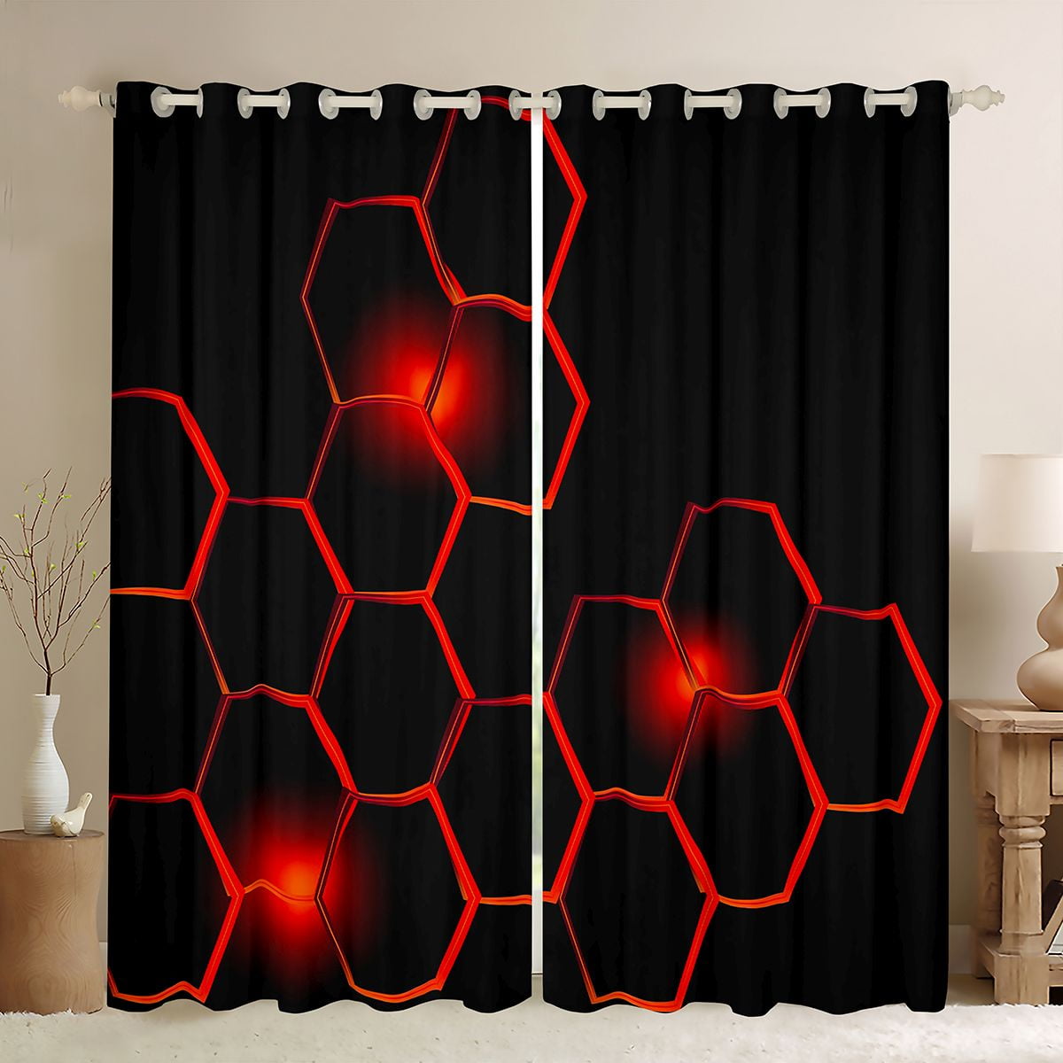 jejeloiu Hexagon Honeycomb Pattern Blackout Curtains Set of 2 (52x84 ...