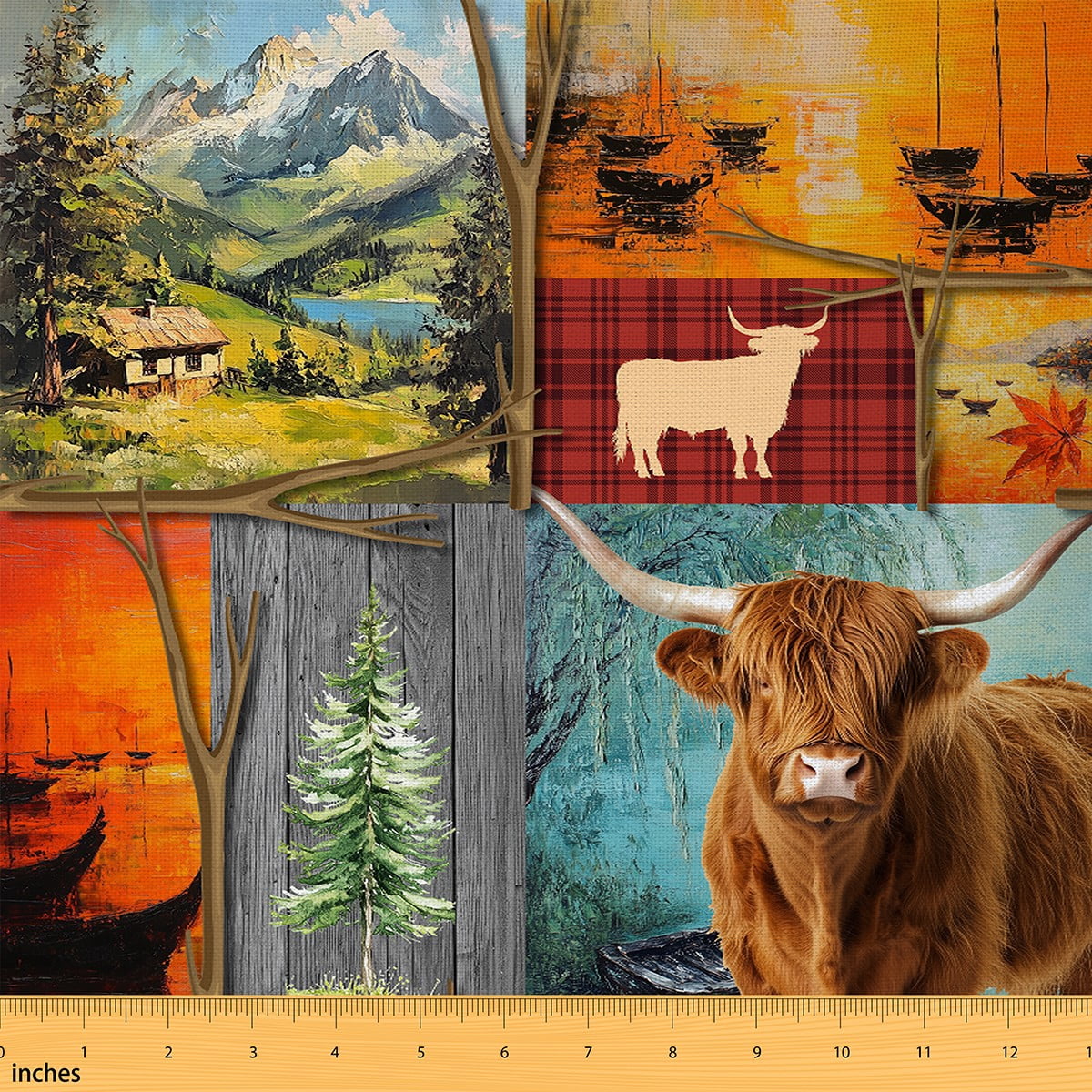 jejeloiu Highland Cow Fabric by the Yard 1 Yard, Rustic Farmhouse ...