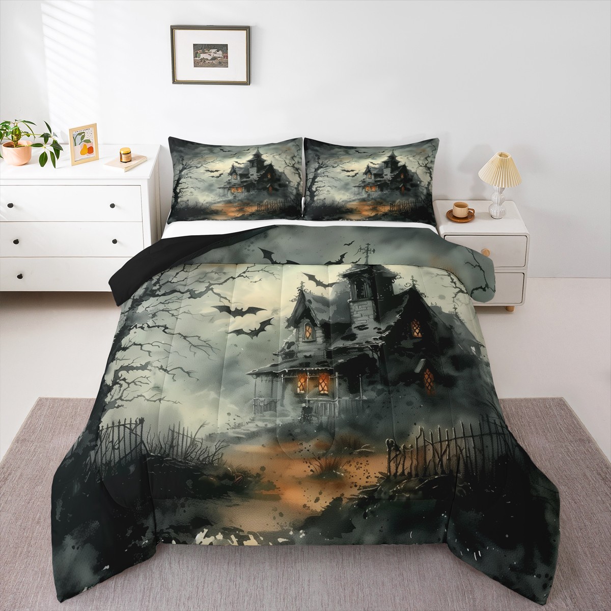 jejeloiu Horror Bats Queen Comforter Set,Black Castle Bedding Sets ...