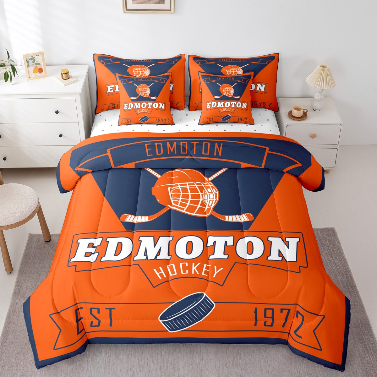 jejeloiu Ice Hockey Bedding Comforter Set 7pcs,Sport City Queen Bedding ...