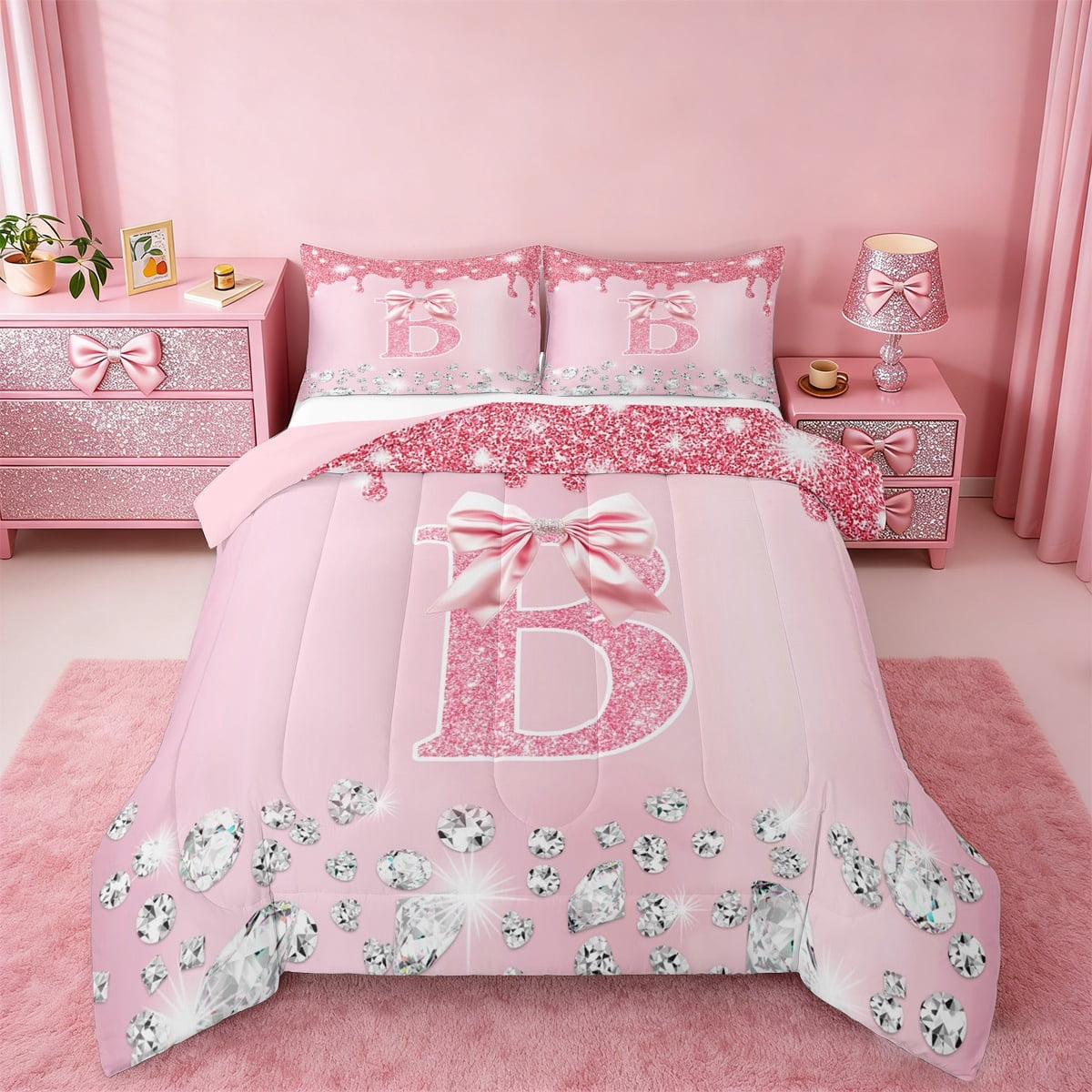 jejeloiu Initial Letter B Bedding Comforter Set,Kawaii Bowknot Bow Twin ...