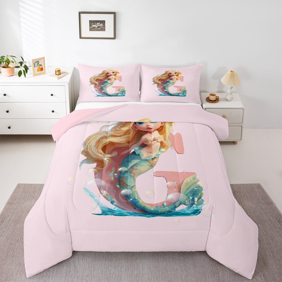 jejeloiu Initial Letter G Bedding Comforter Set,Chic Cartoon Mermaid ...
