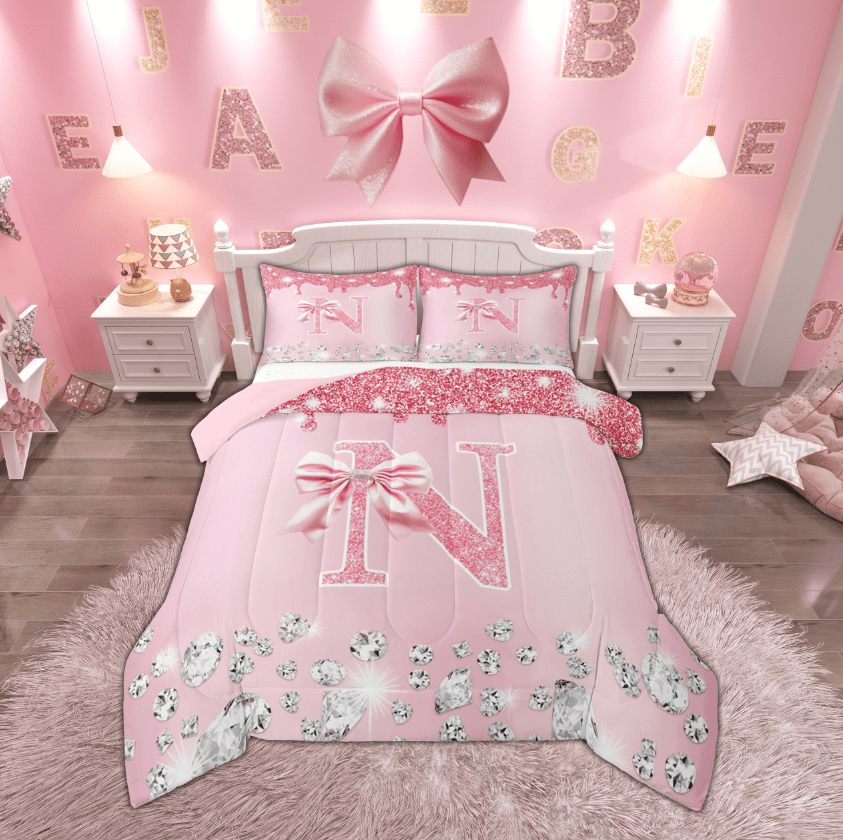 jejeloiu Initial Letter N Full Size Comforter Sets,Kawaii Bowknot Bow ...