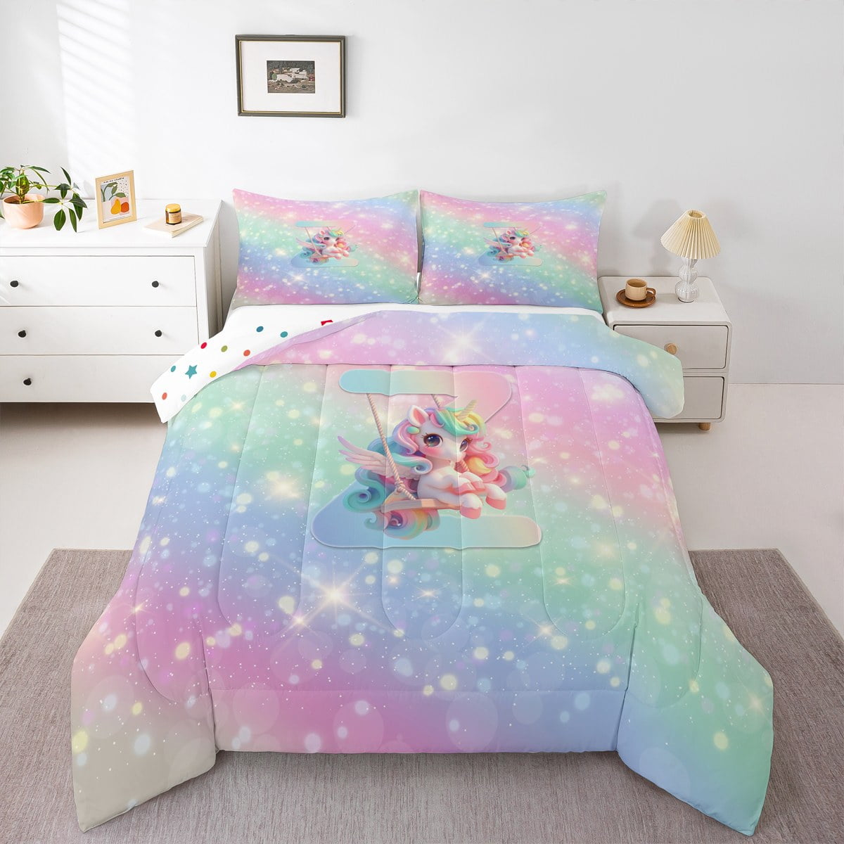 jejeloiu Initial Letter Z Bedding Comforter Set,Kawaii Unicorn Twin ...