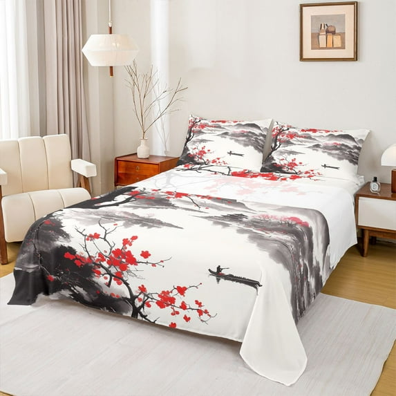 jejeloiu Japanese Ink Painting Full Size Sheets,Natural Scenery Bed ...