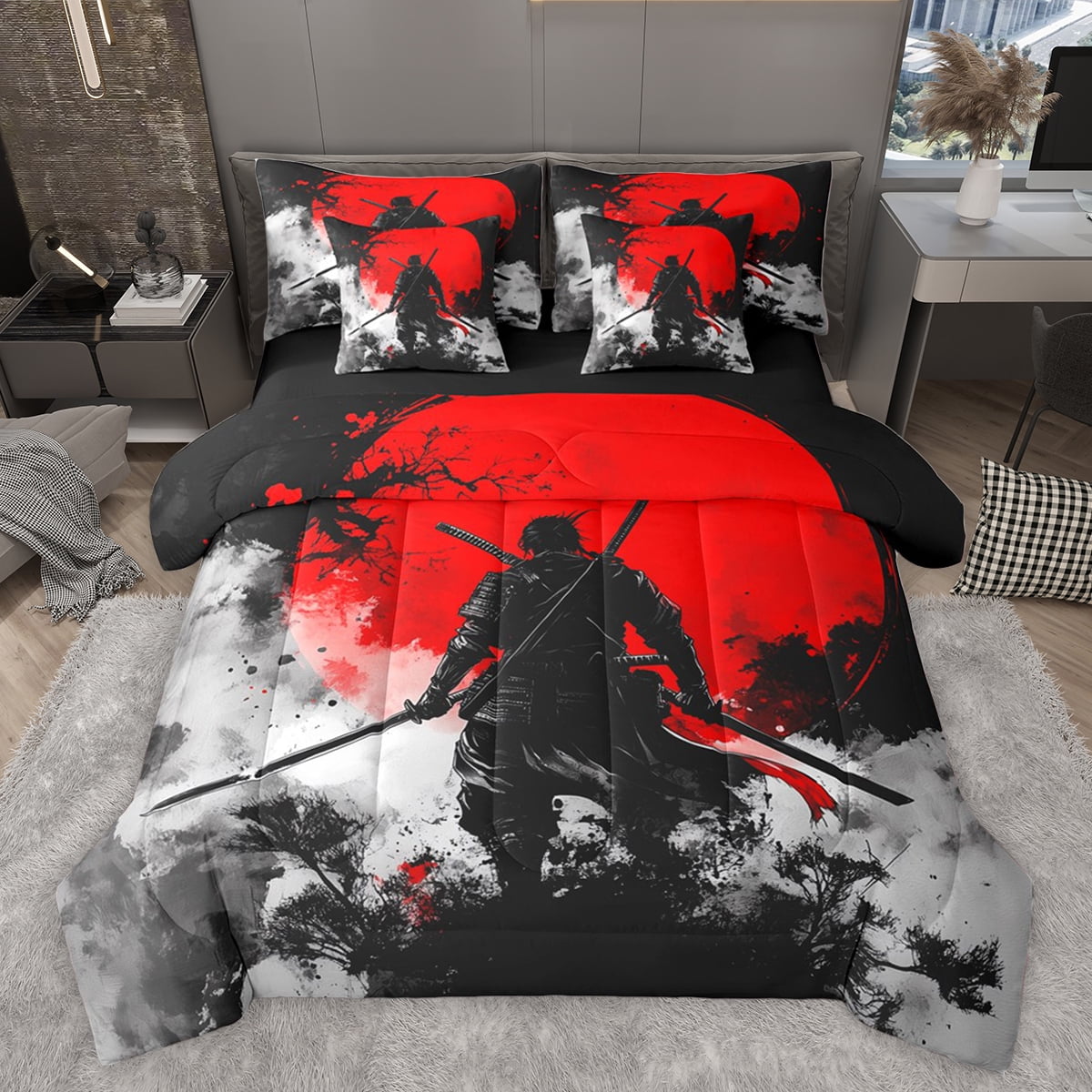 jejeloiu Japanese Samurai 7-Piece Twin Bedding Sets,Gray Splashing Ink ...