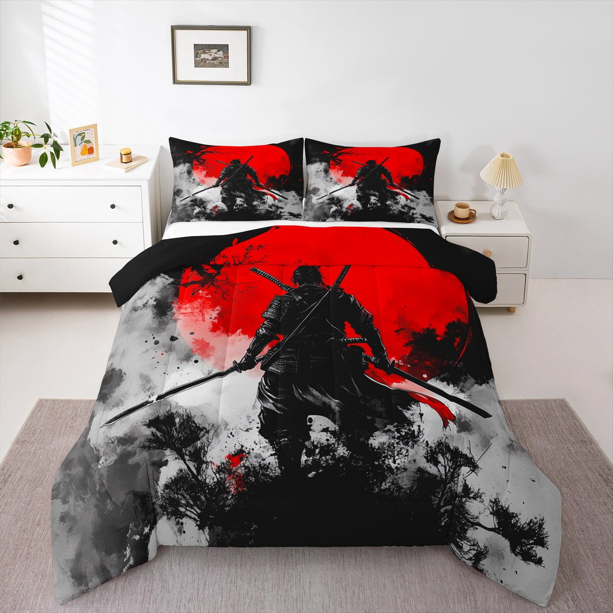 jejeloiu Japanese Samurai Full Size Comforter Sets,Gray Splashing Ink ...