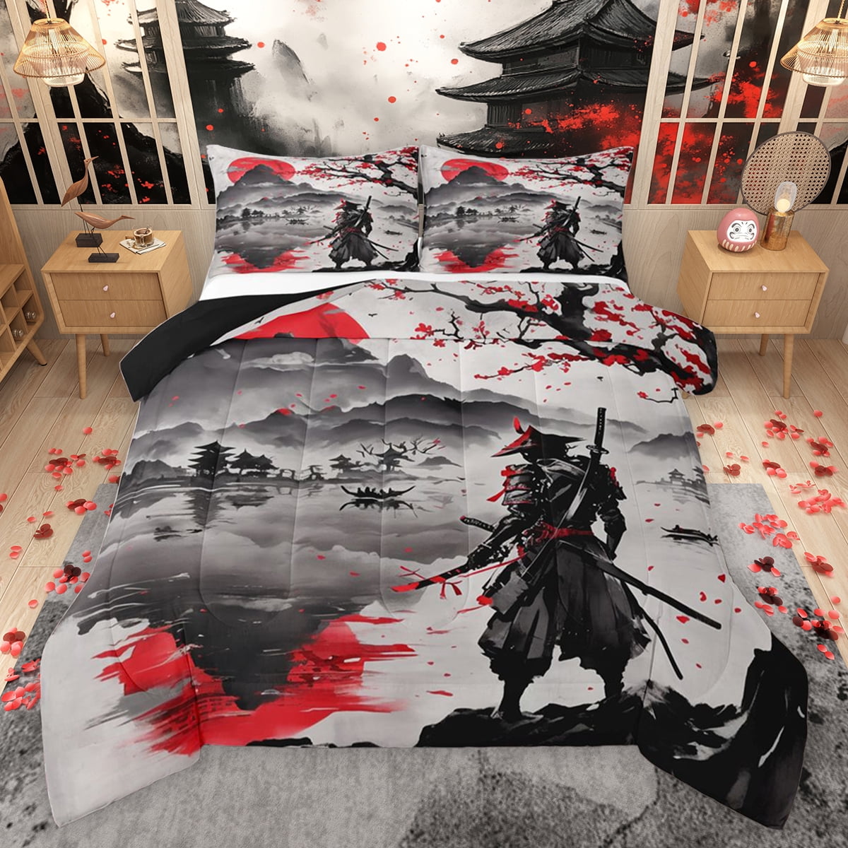 jejeloiu Japanese Samurai Queen Comforter Set,Retro Ink Painting ...