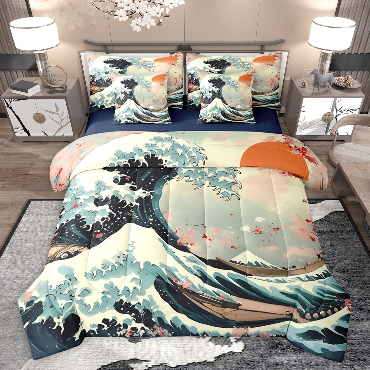 jejeloiu Japanese Style 7-Piece Twin Bedding Sets,Ocean Wave Bedding ...