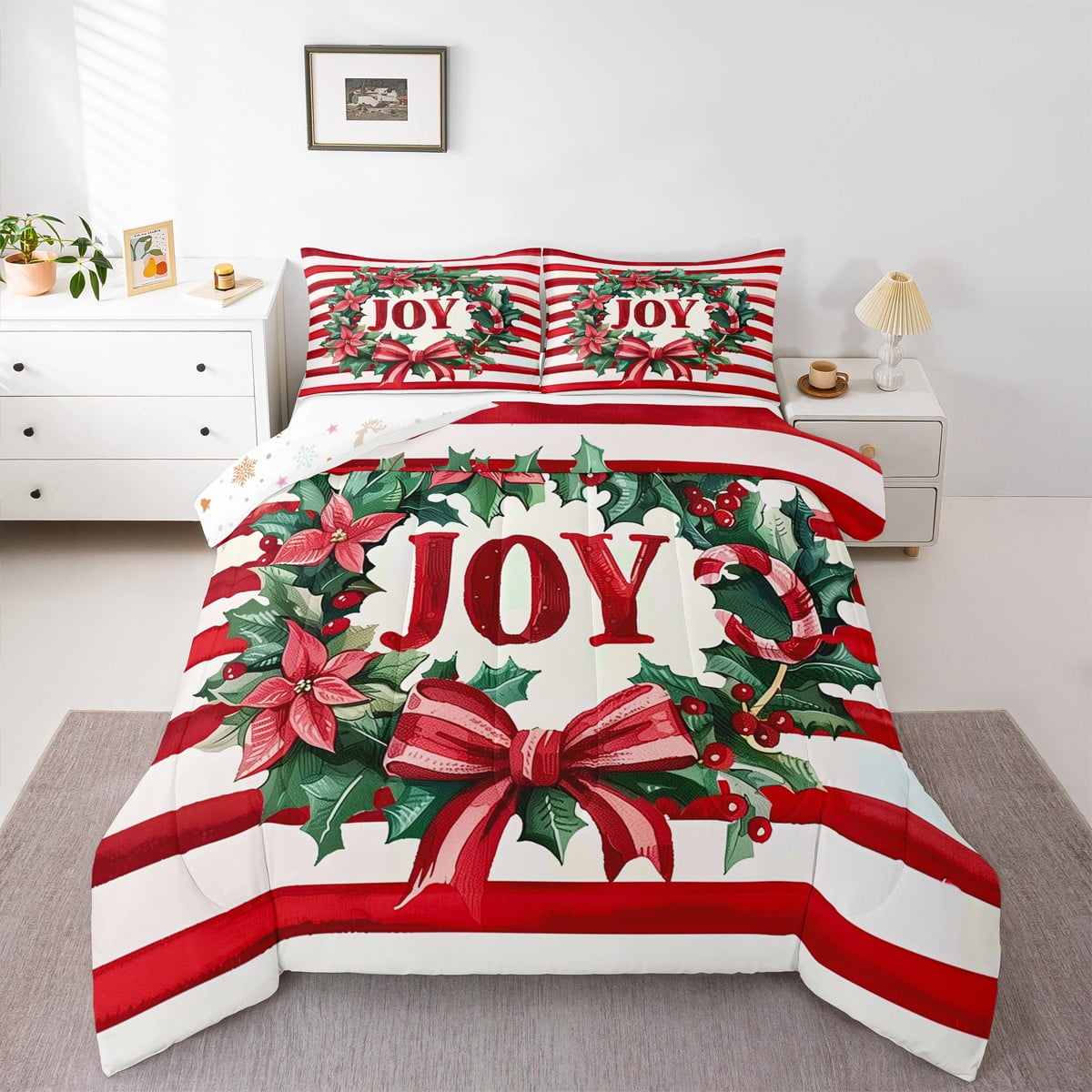 jejeloiu Joy Christmas Queen Comforter Set,Red Xmas Berry Bedding Sets ...