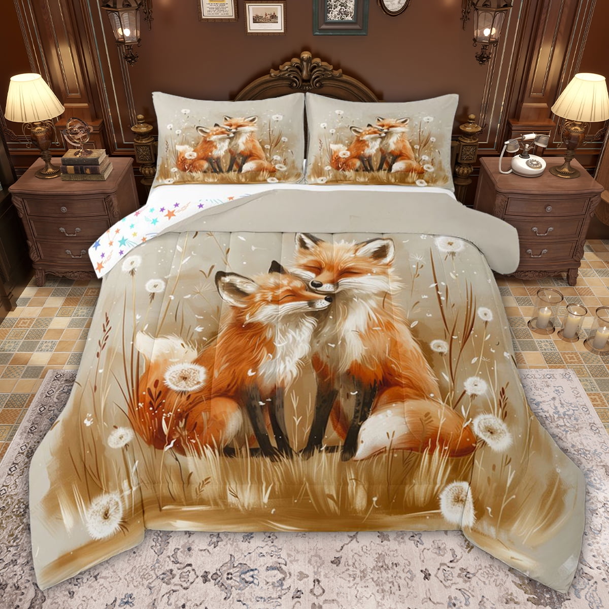 jejeloiu Jungle Animal Fox Queen Comforter Set,Rustic Dandelion Bedding ...