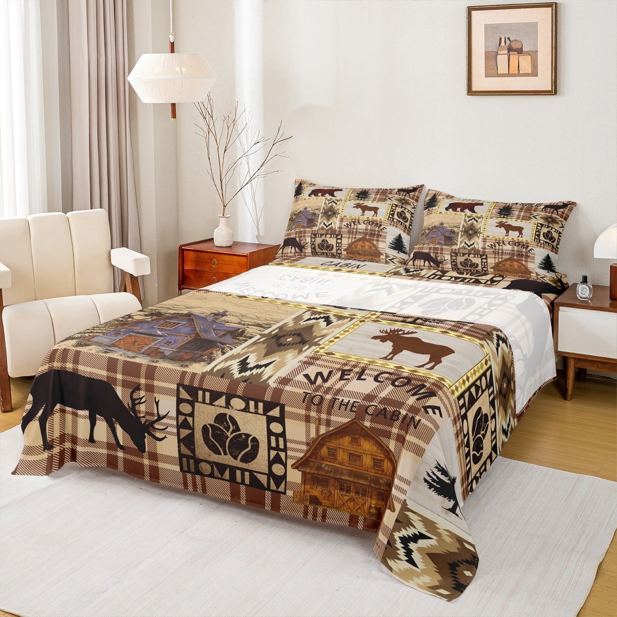 jejeloiu Jungle Animal Moose Full Size Sheets,Retro Aztec Geometric Bed ...