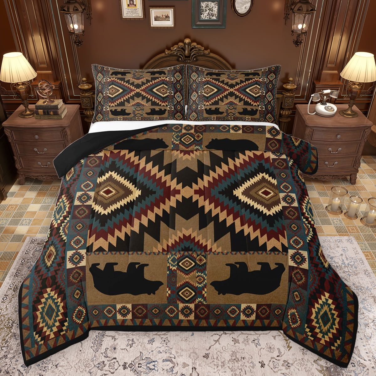 jejeloiu Jungle Bear Silhouette Bedding Comforter Set,Vintage Aztec ...