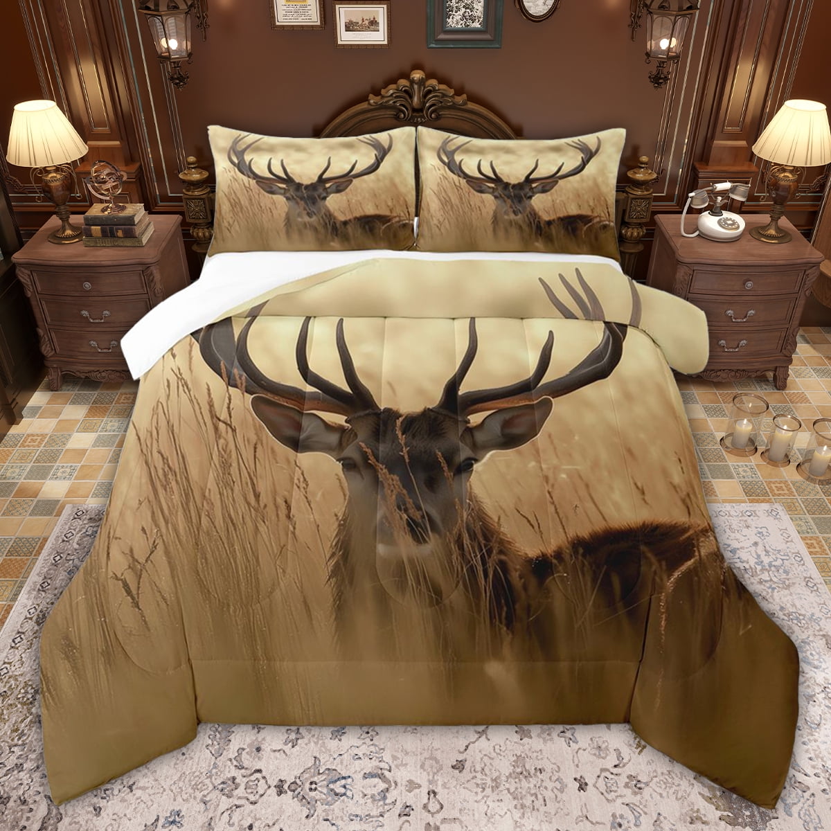 jejeloiu Jungle Wildlife Deer Queen Comforter Set,Brown Moose Bedding ...