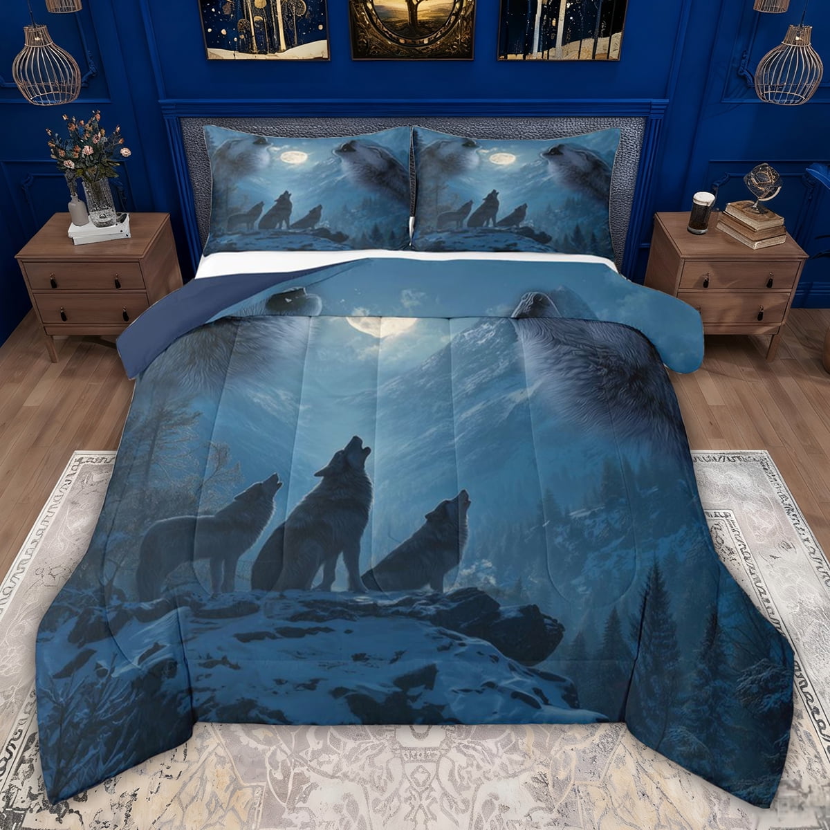 jejeloiu Jungle Wolves Queen Comforter Set,Howling Wolf Bedding ...