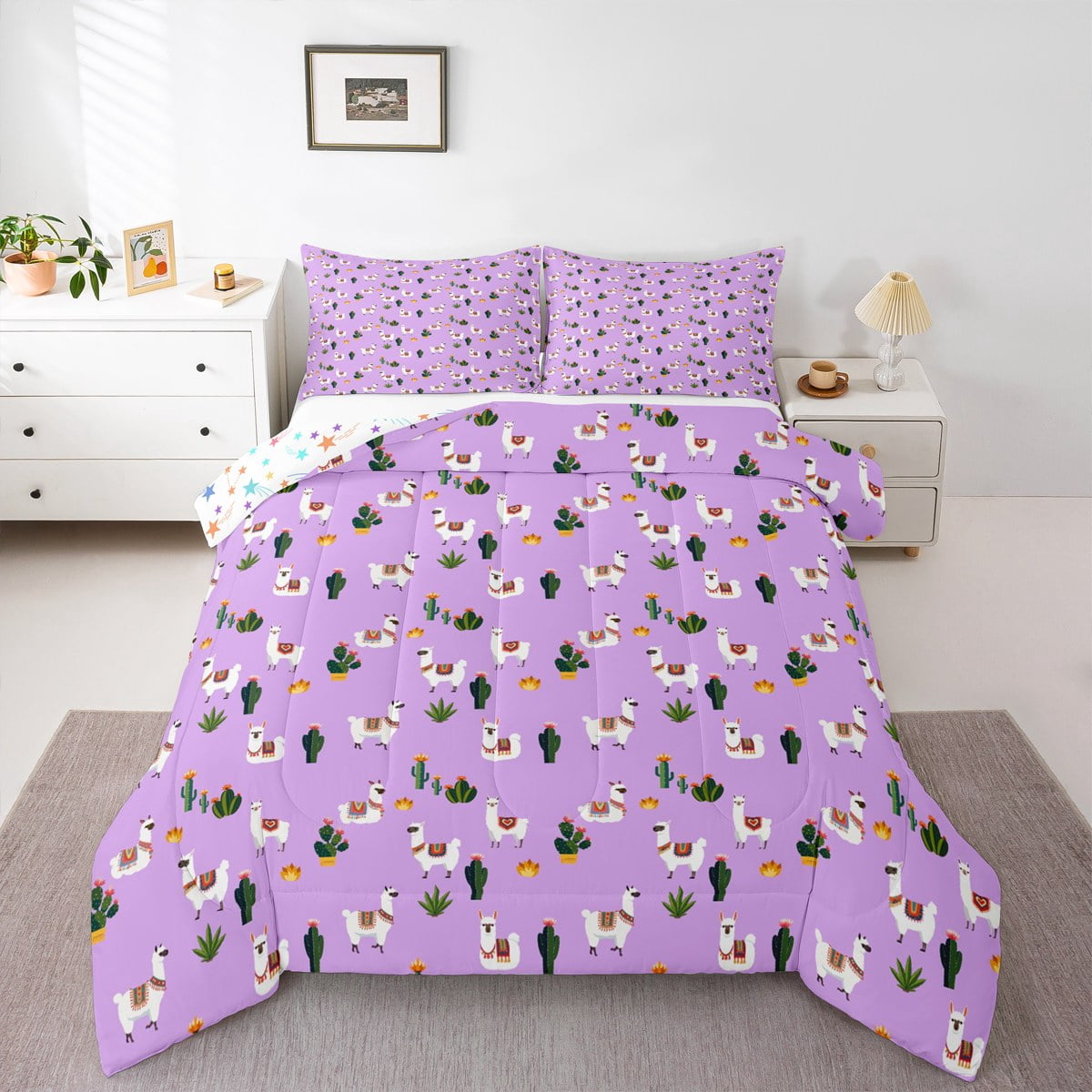 jejeloiu Kawaii Alpaca Cactus Full Size Comforter Sets,Rustic Farmhouse ...