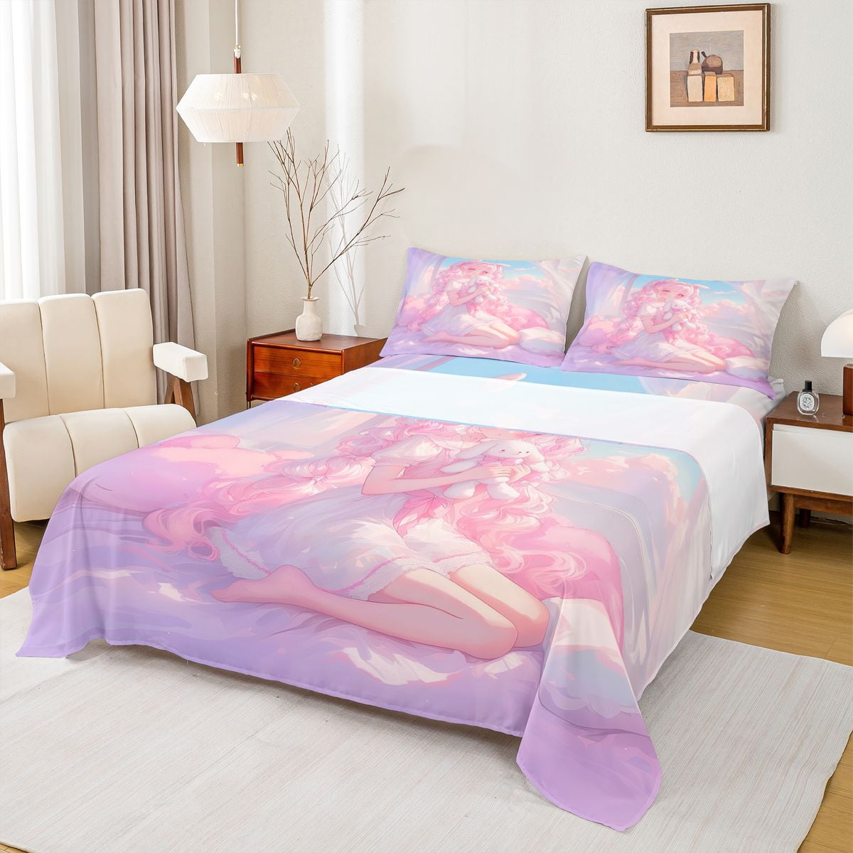 jejeloiu Kawaii Anime Girls Bed Sheets,Cartoon Princess King Sheets For ...