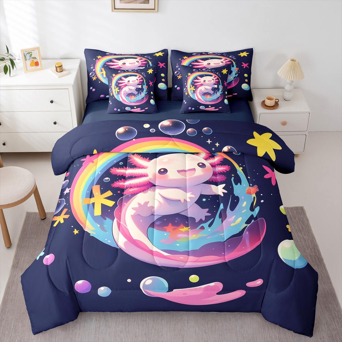 jejeloiu Kawaii Axolotl Bedding Comforter Set 7-Piece,Ocean Sealife ...