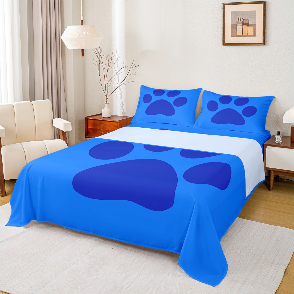 jejeloiu Kawaii Bear Paw Bed Sheets,Lovely Dogs Print King Sheets,Blue ...