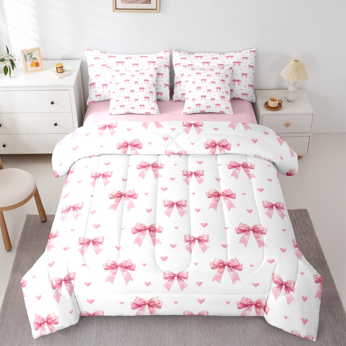 jejeloiu Kawaii Bow Loves Bedding Comforter Set 7pcs,Girls Bow Knot ...