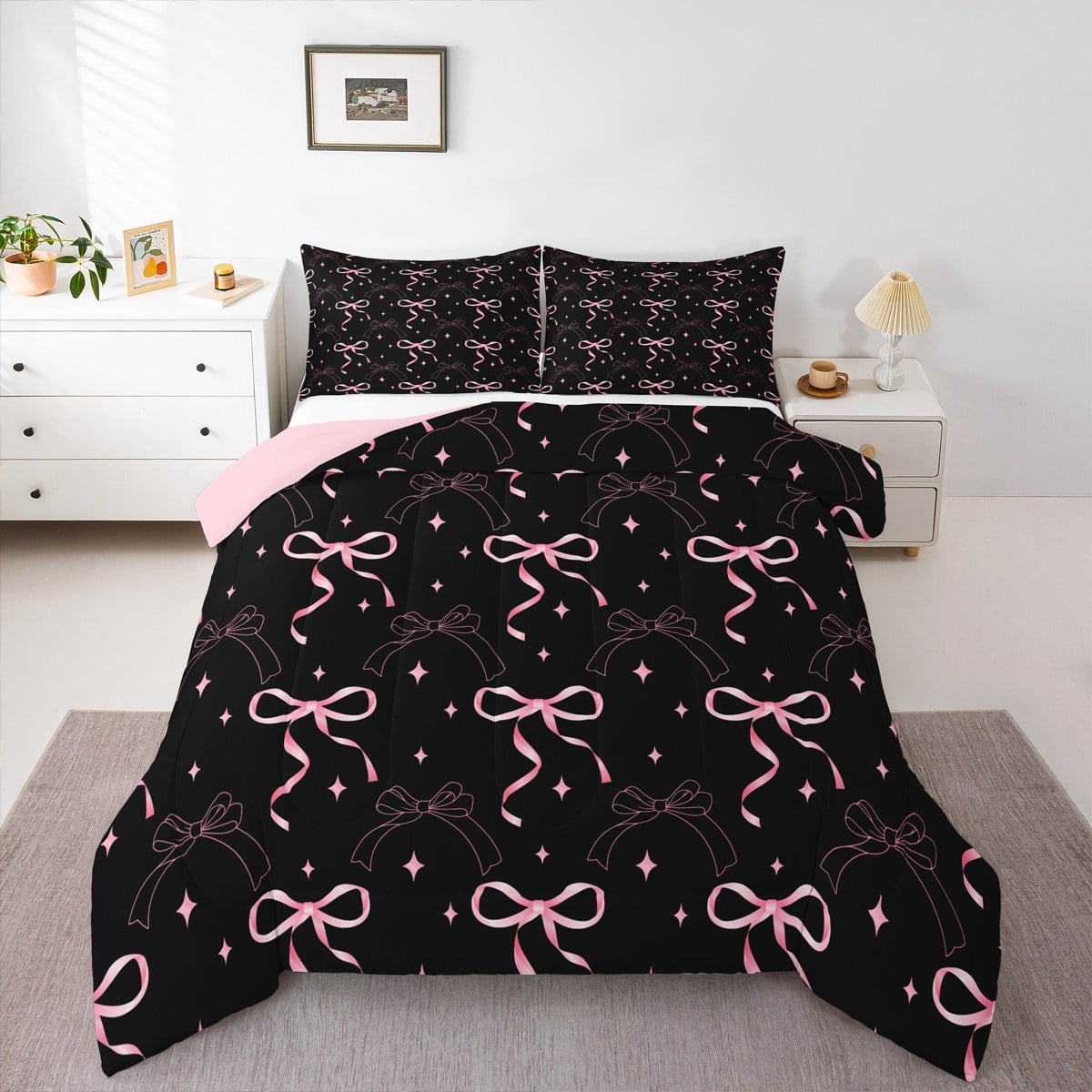 jejeloiu Kawaii Bow Stars Full Size Comforter Sets,Girls Bow Knot ...