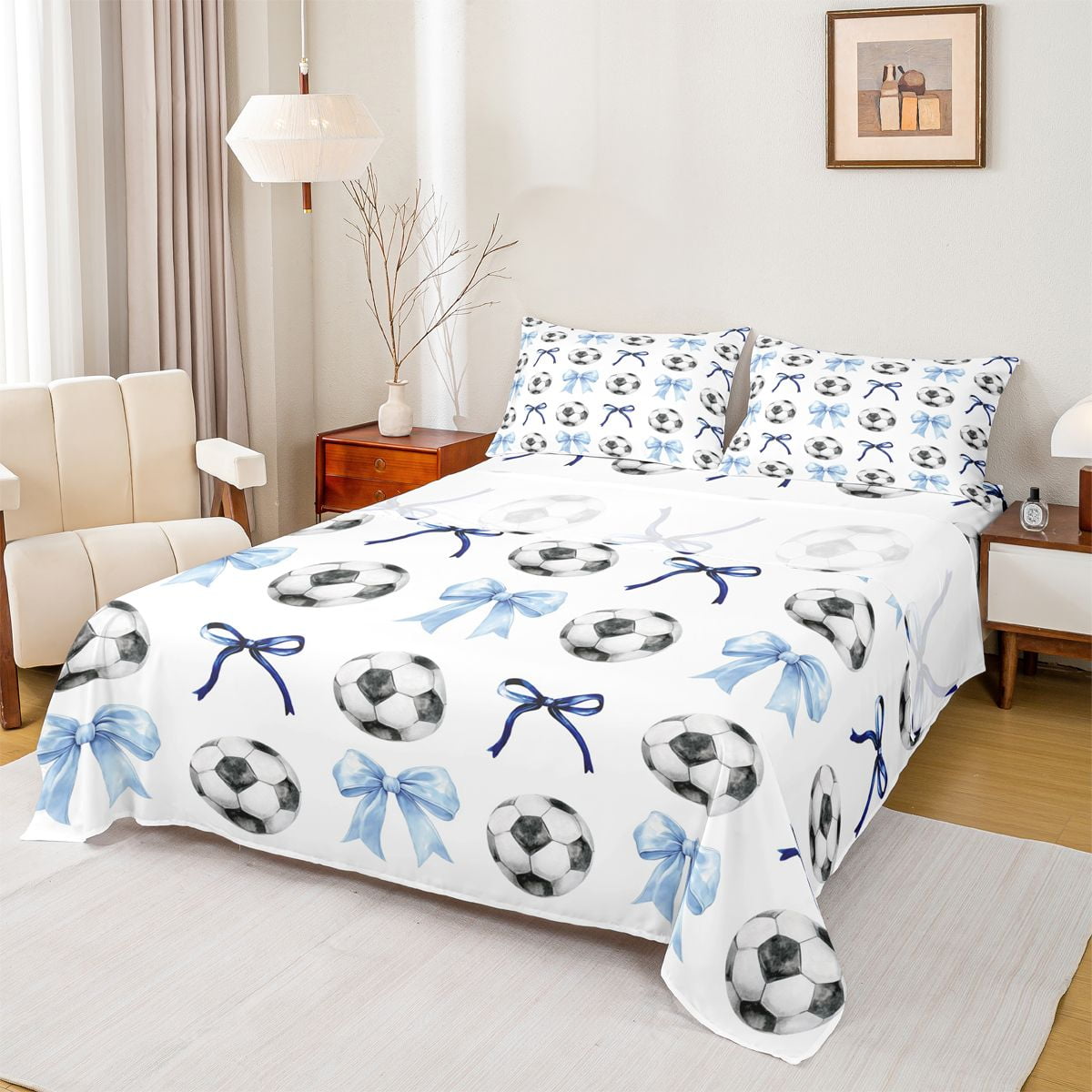 jejeloiu Kawaii Bowknot Bows Bed Sheets,Soccer Ball Game King Sheets ...