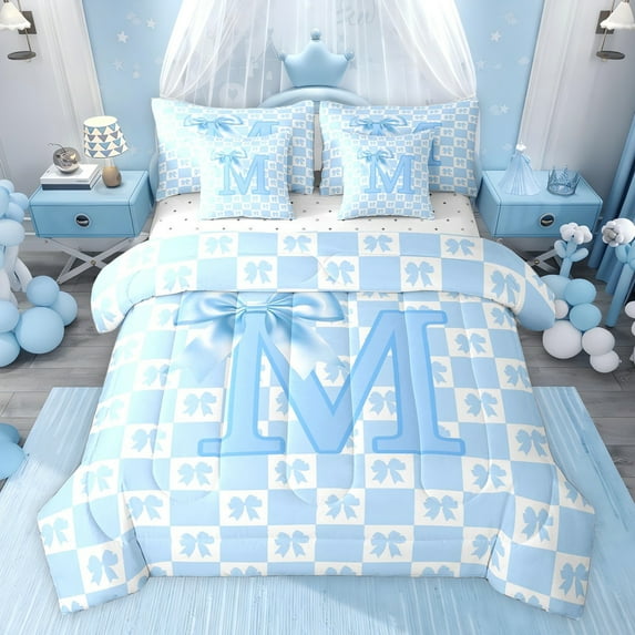 jejeloiu Kawaii Bows 7pcs Bedding Comforter Set,Blue Letter M Queen ...