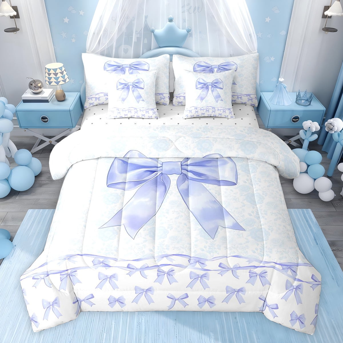 jejeloiu Kawaii Bowtie 7pcs Bedding Comforter Set,Blue Cute Bowknot ...
