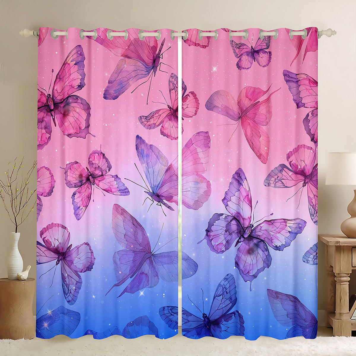 jejeloiu Kawaii Butterfly Blackout Curtains Set of 2 (52x84 Each ...