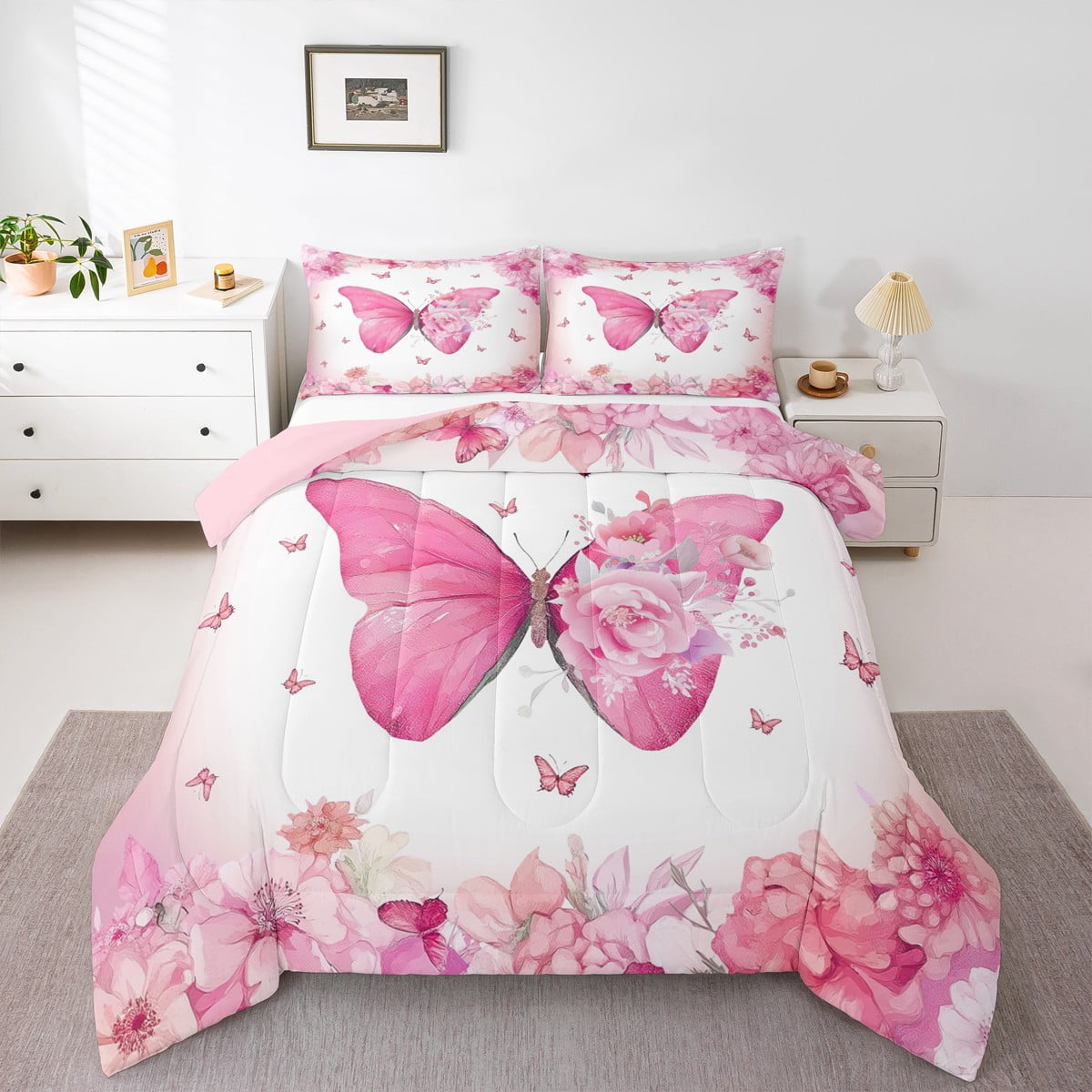 jejeloiu Kawaii Butterfly Full Size Comforter Sets,Pink Floral Daisy ...