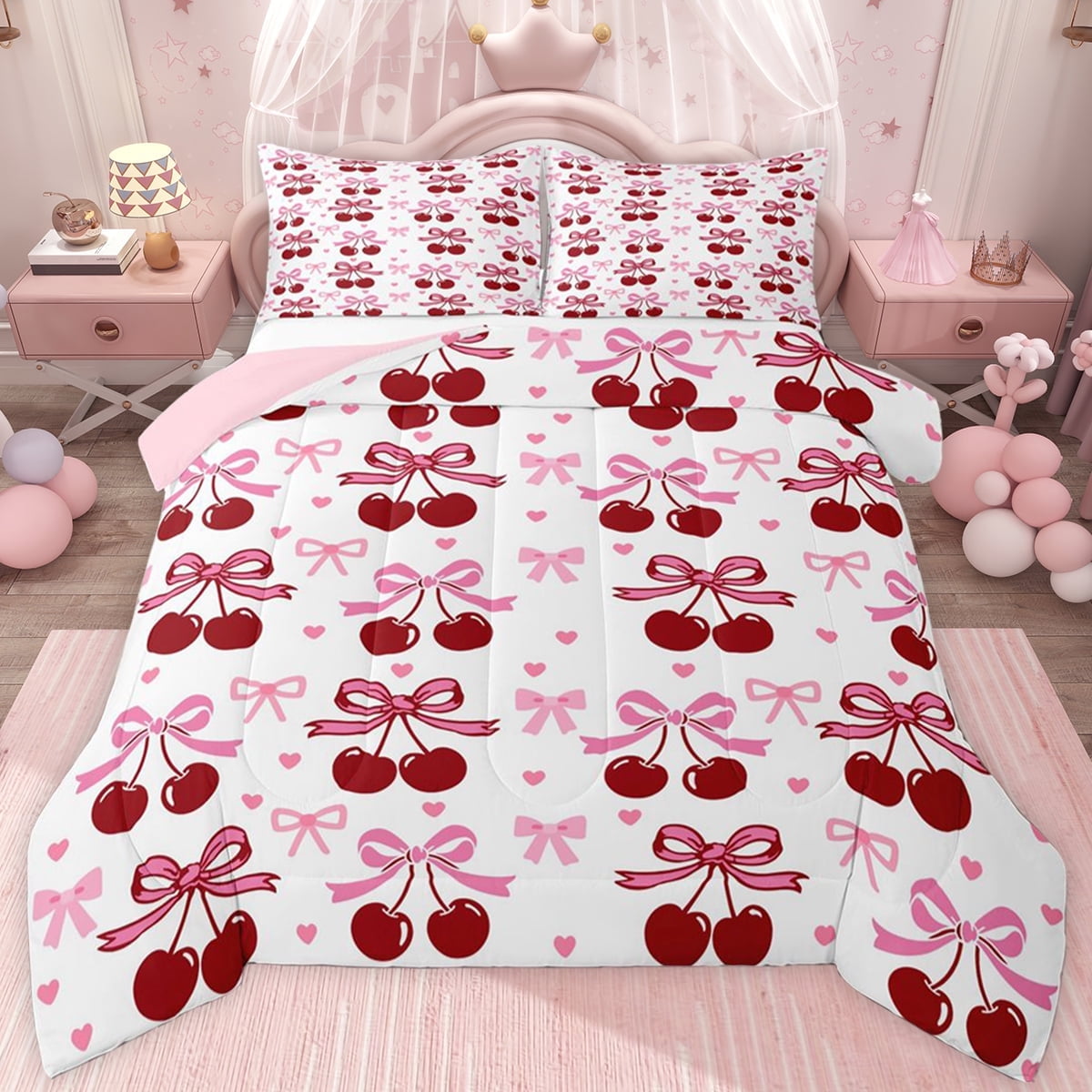 jejeloiu Kawaii Cartoon Bowtie Full Size Comforter Sets,Red Sweet ...