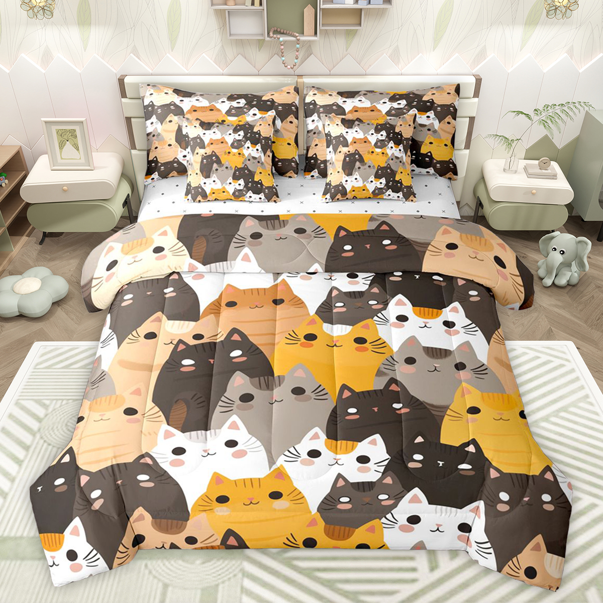 jejeloiu Kawaii Cartoon Cat 7pcs Bedding Comforter Set,Cute Pet Kitten ...
