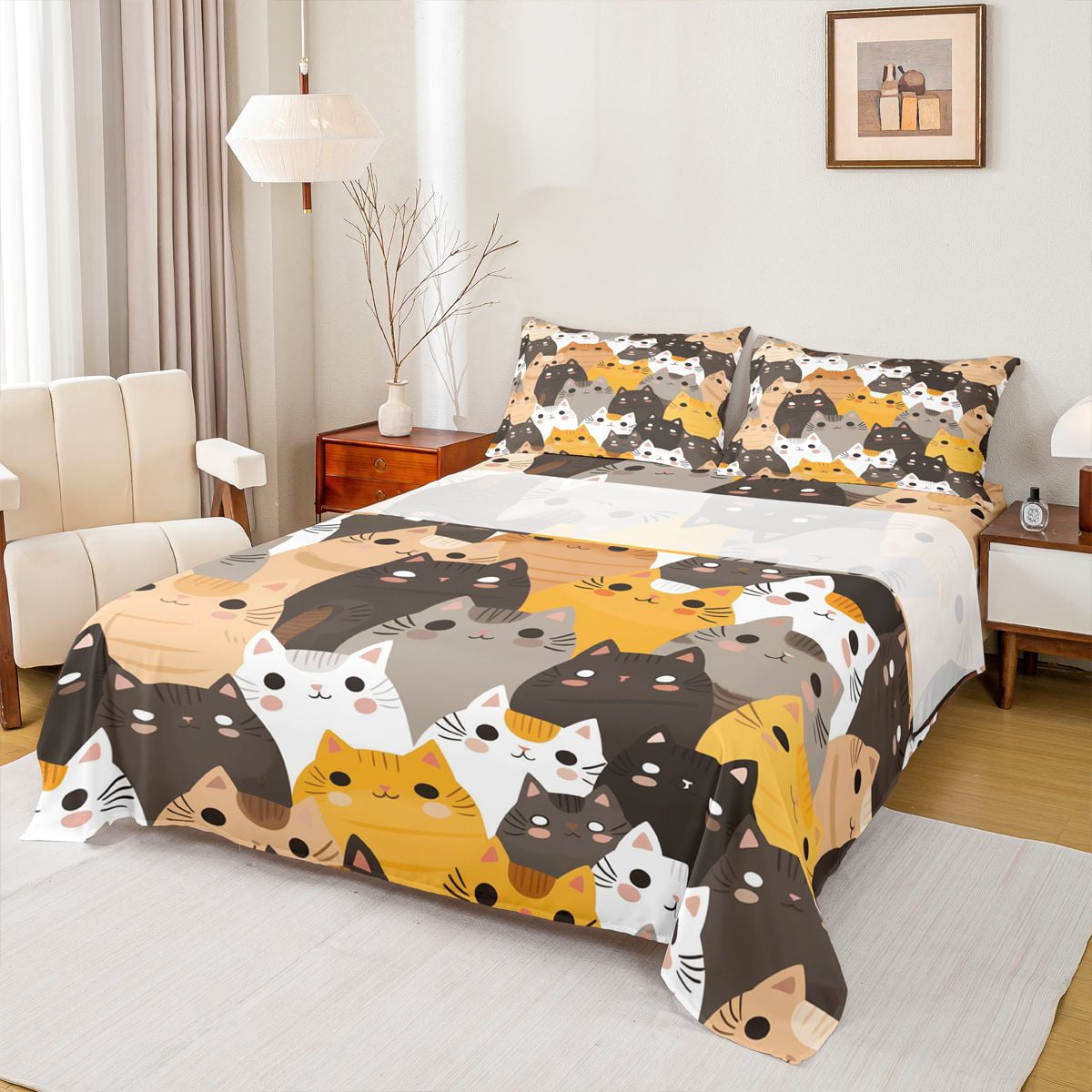 jejeloiu Kawaii Cartoon Cat Bed Sheets,Cute Pet Kitten King Sheets ...