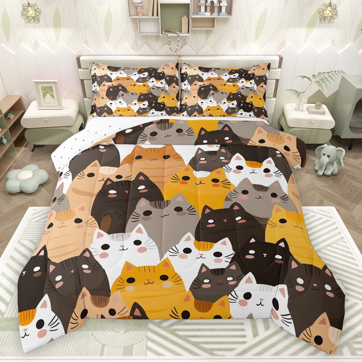 jejeloiu Kawaii Cartoon Cat Full Size Comforter Sets,Cute Pet Kitten ...